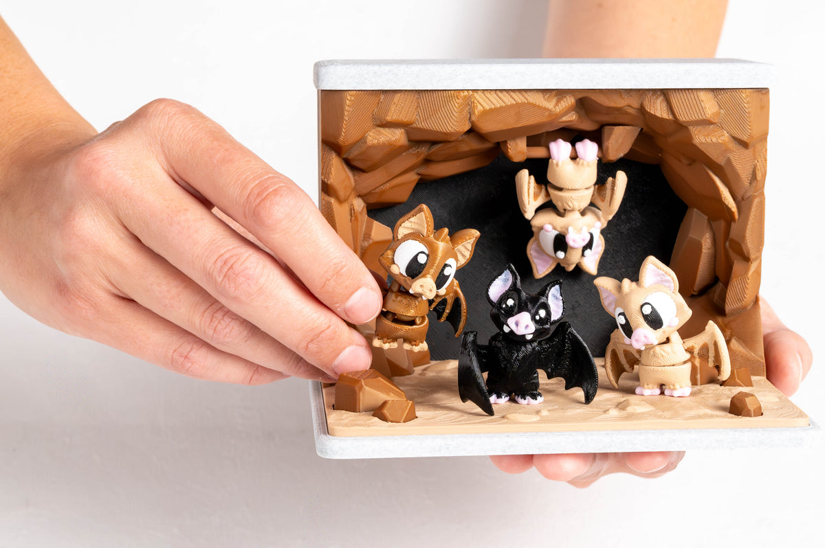 Bat Cave Toy Set - 4 Articulated Bat Toys with Display Cave